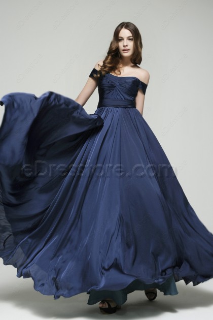 Off The Shoulder Navy Blue Prom Dresses Long