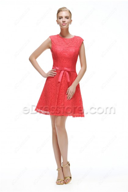 Coral Lace Backless Short Prom Dresses for Homecoming