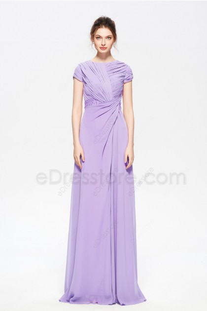 Lavender Modest Beaded Long Prom Dresses Short Sleeves