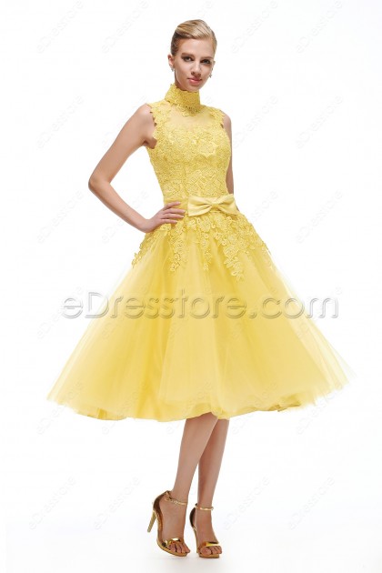 High Neck Yellow Evening Dress Tea Length