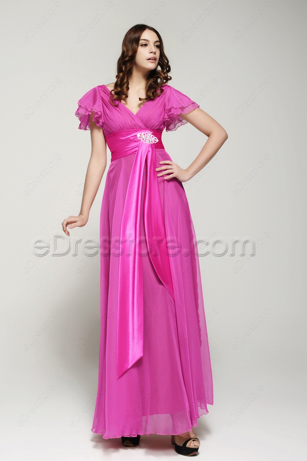 Modest Hot Pink Plus Size Formal Dress With Sleeves