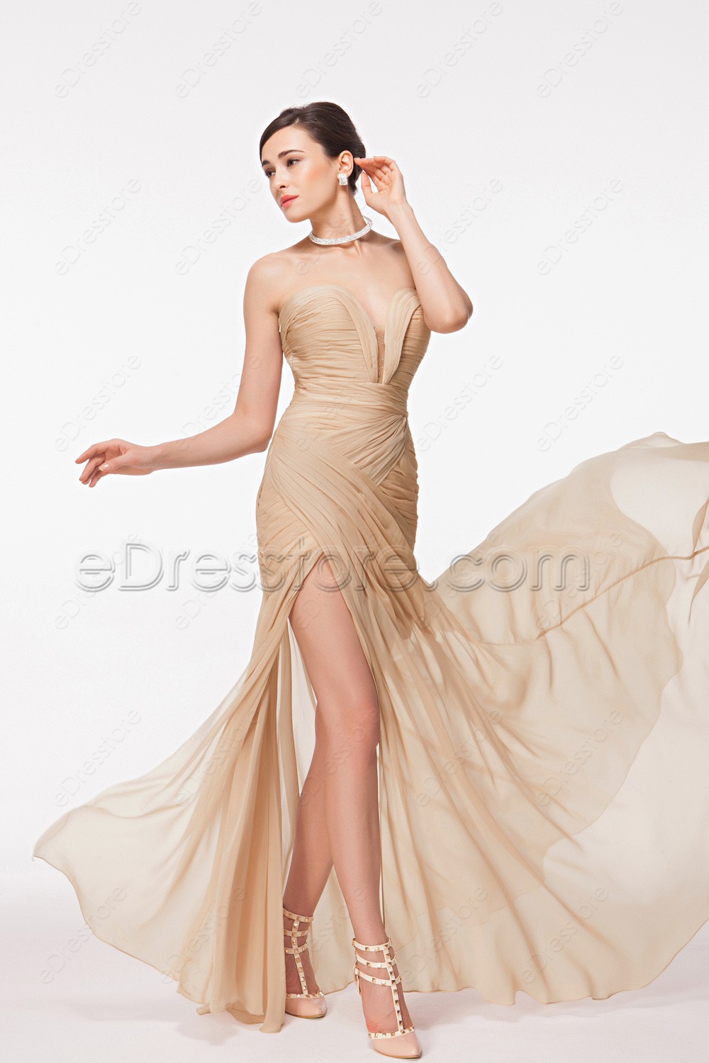 Flowing Champagne Evening Dress with Slit