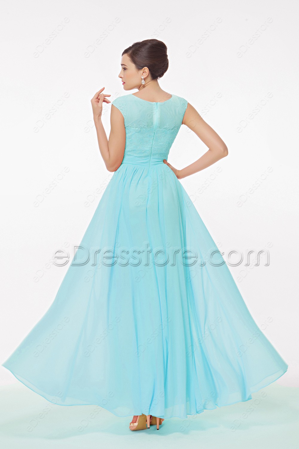 Light Blue Modest Prom Dress with Cap Sleeves