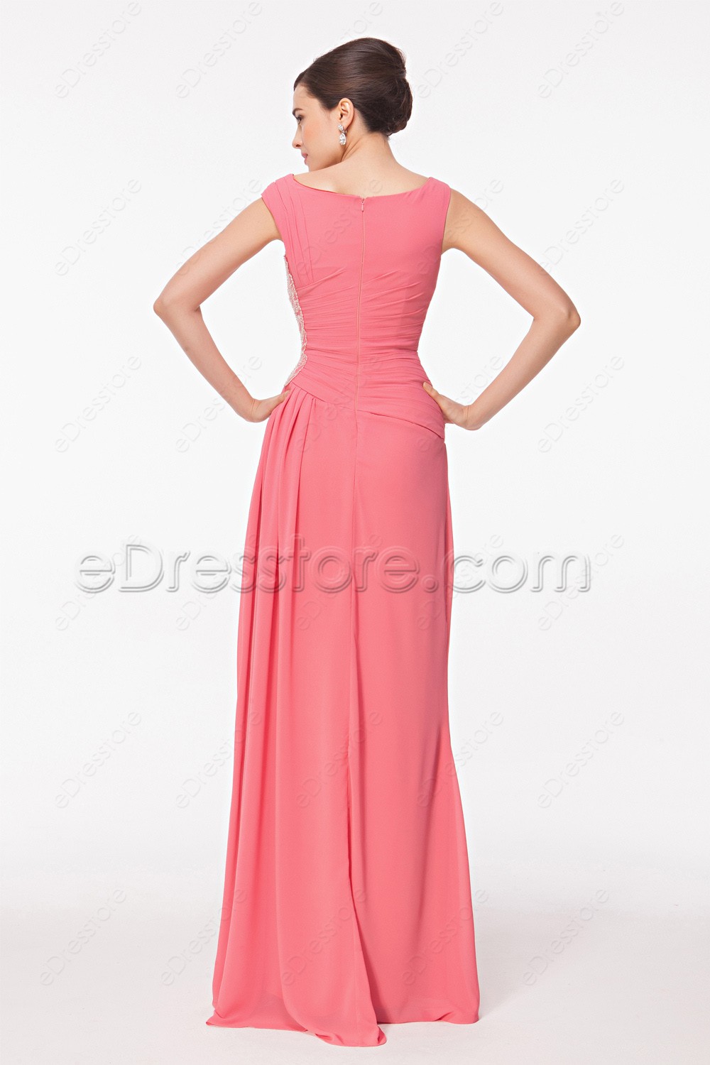 Modest Boat Neck Beaded Pink Prom Dresses