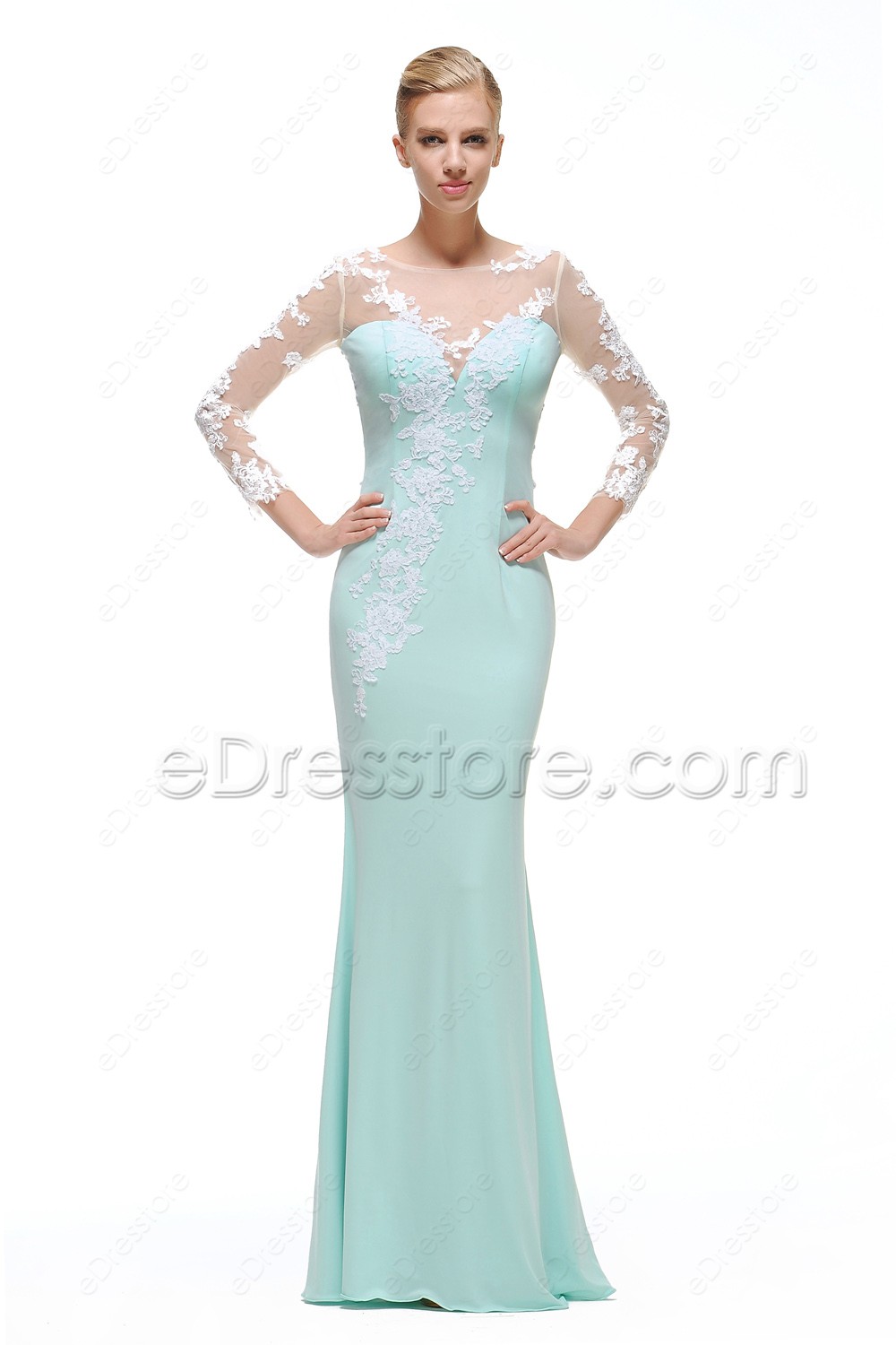 Mint Green Mermaid Backless Prom Dress Long Sleeves