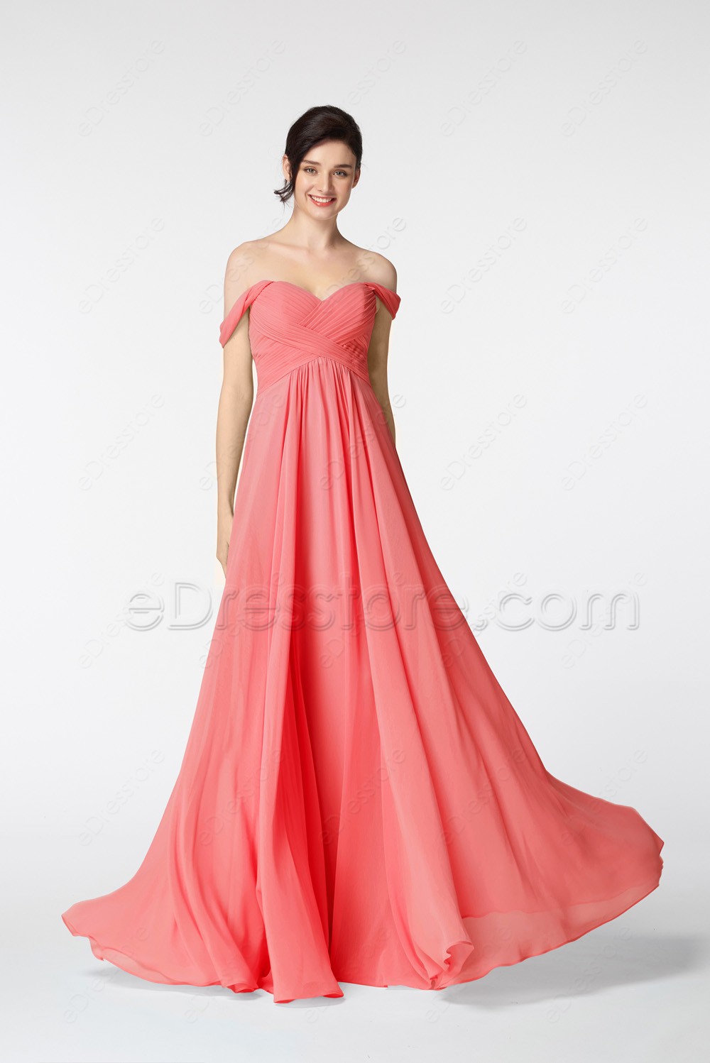 Coral Off the Shoulder Long Evening Dresses