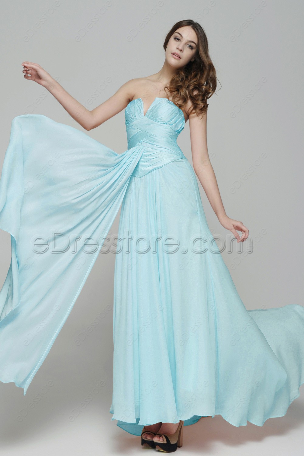 Notched Neckline Frozen Blue Long Prom Dresses with Train