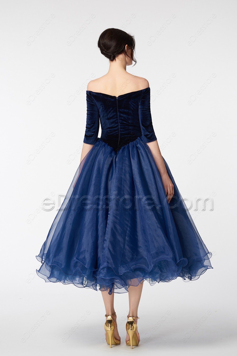 Navy Blue Off the Shoulder Ball Gown VIntage Prom Dress with Sleeves