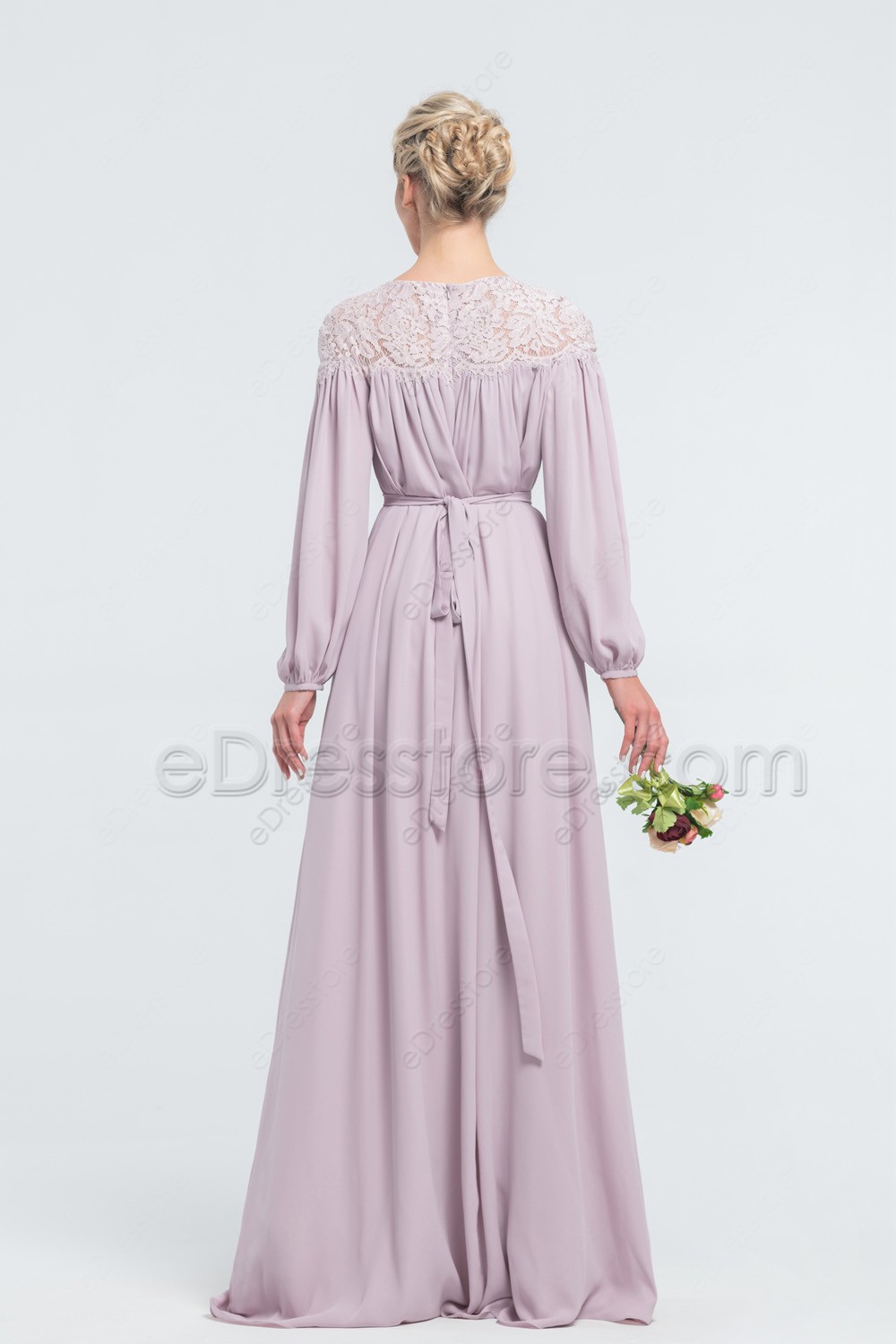 Lavender Modest Bridesmaid Dresses Bishop Long Sleeves