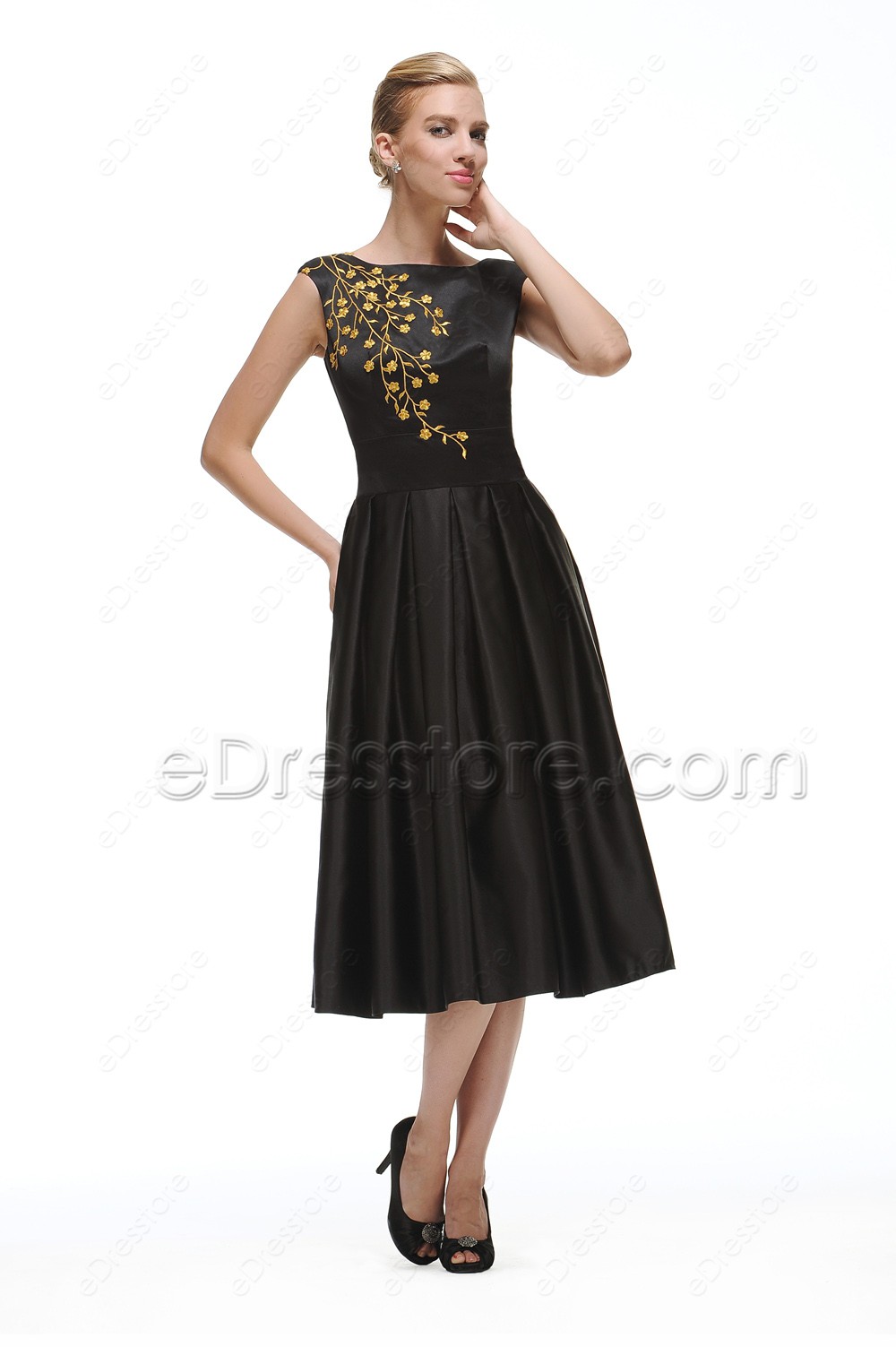 Modest Black Cocktail Dress Tea Length with Golden Embroidery