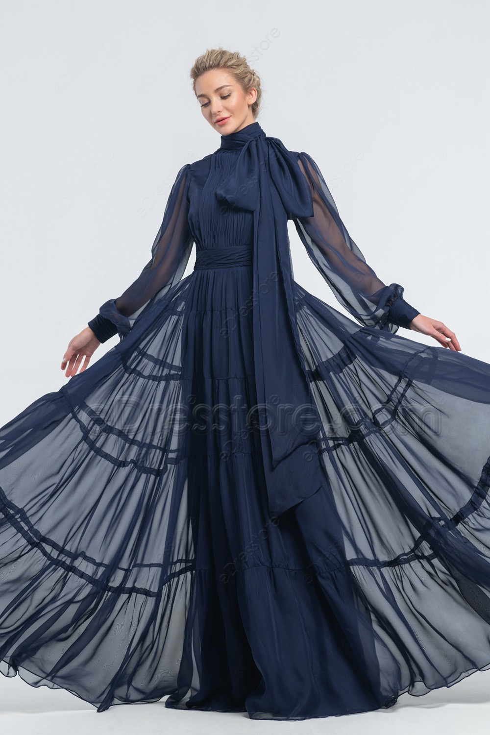 Modest Navy Bridesmaid Dresses Long Sleeves High Neck